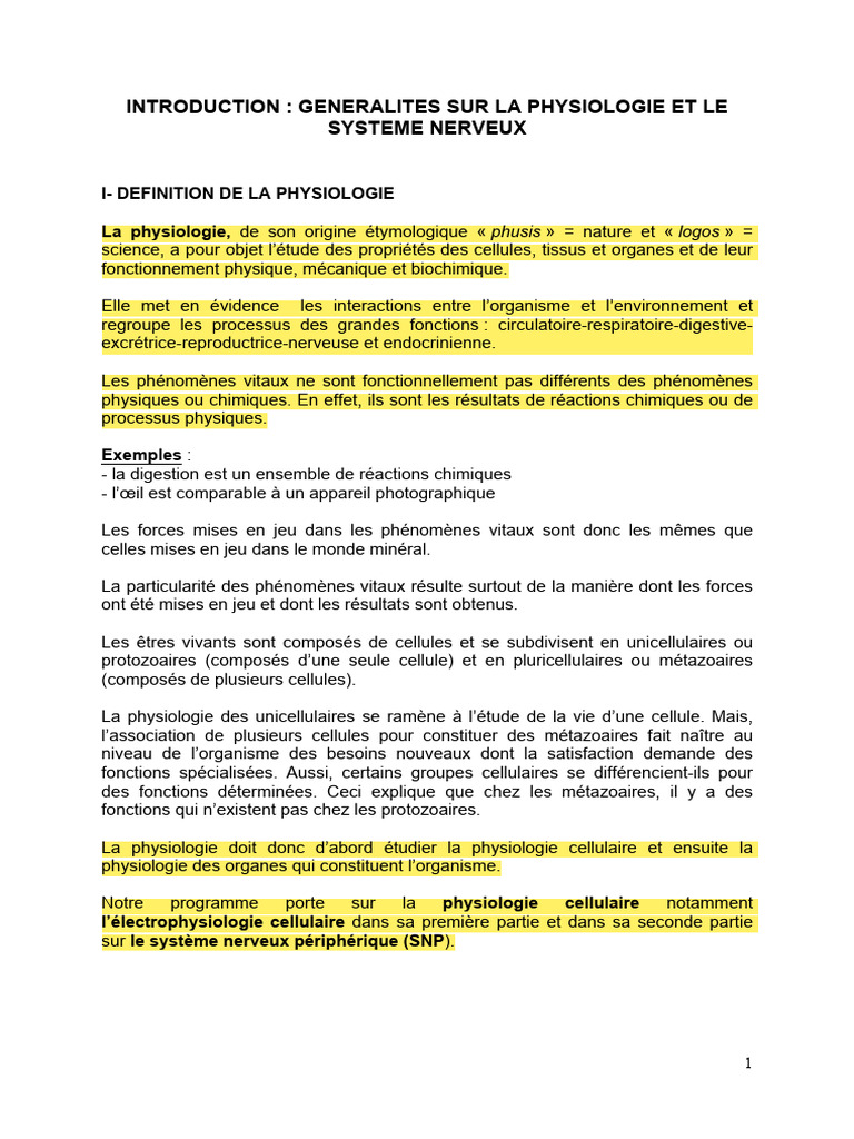 Introduction - Généraltés Sur La Physiologie Et Le SN 2019 | PDF ...