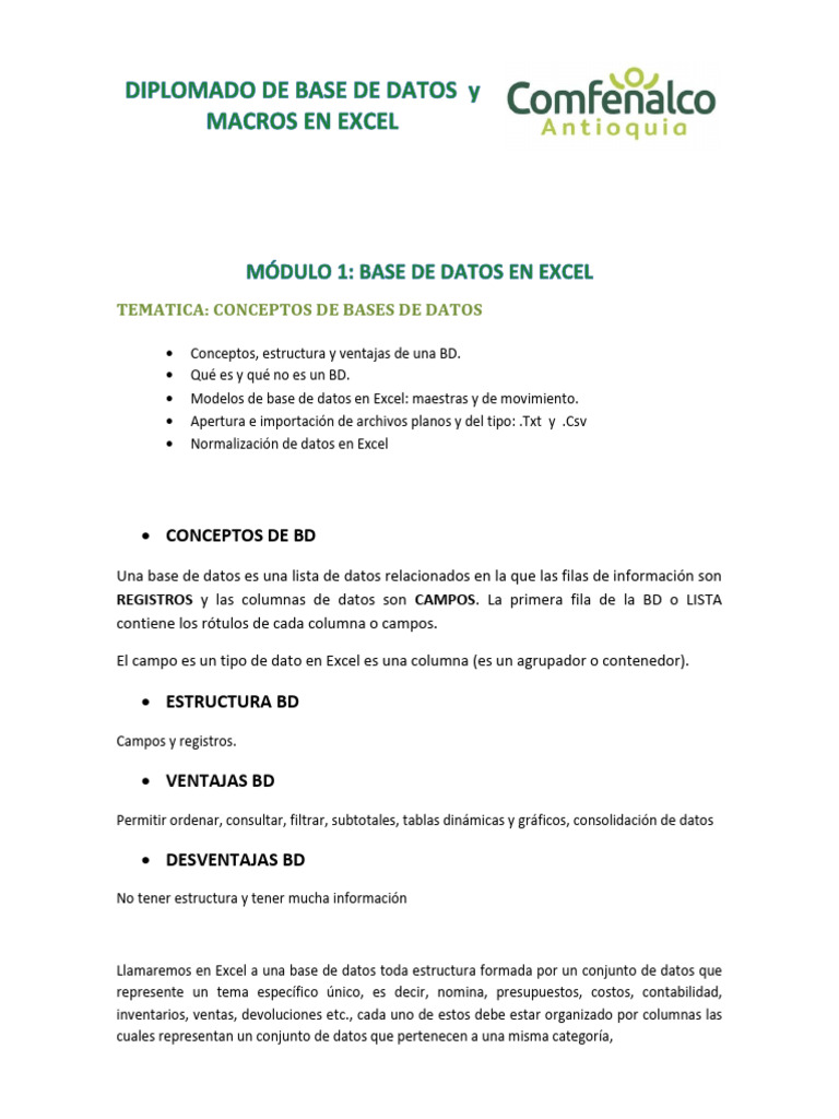 Memorias de BD y Macros en Excel Comfenalco Mayo - 2018 | PDF | Macro ...