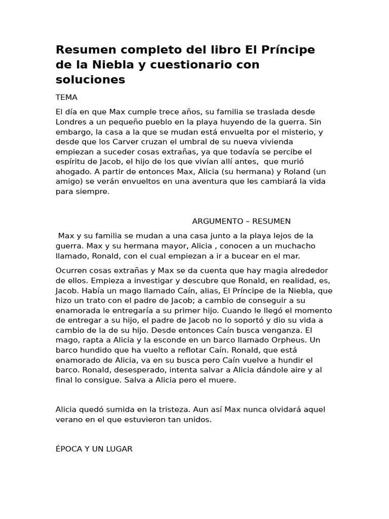Resumen y análisis de "El Príncipe de la Niebla" | PDF