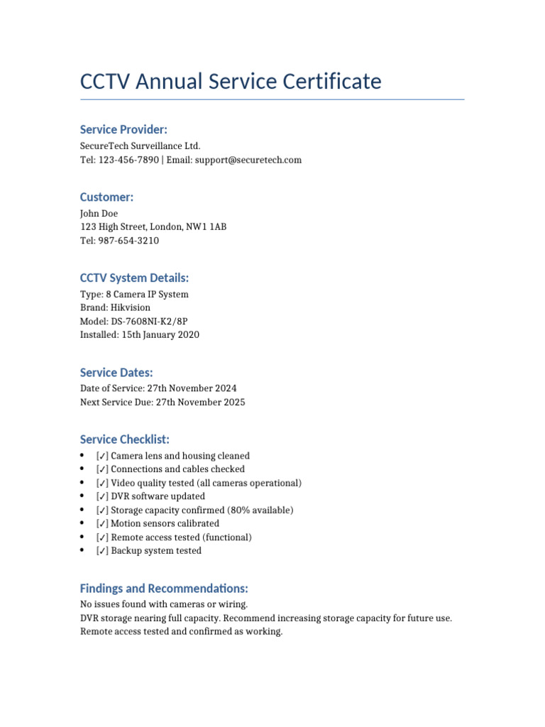 CCTV Annual Service Certificate | PDF