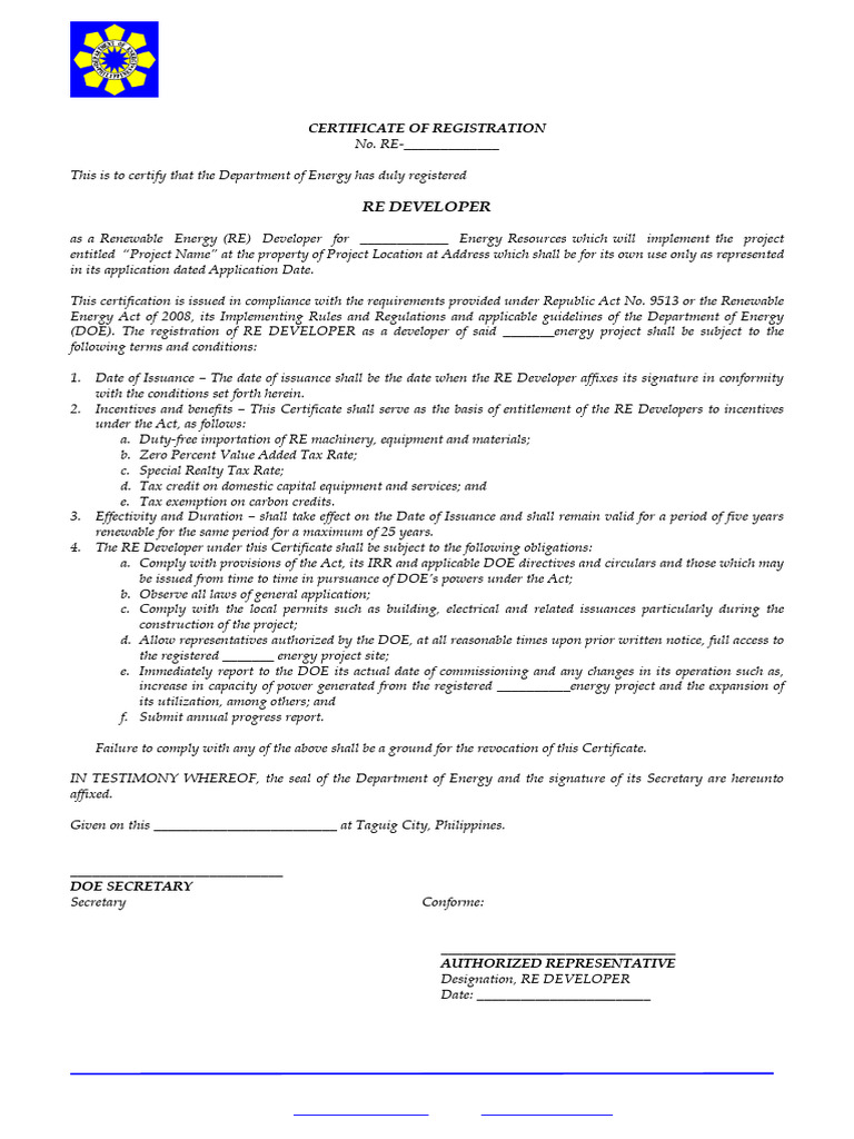 Annex P. Template COR Own Use | PDF | Taxes