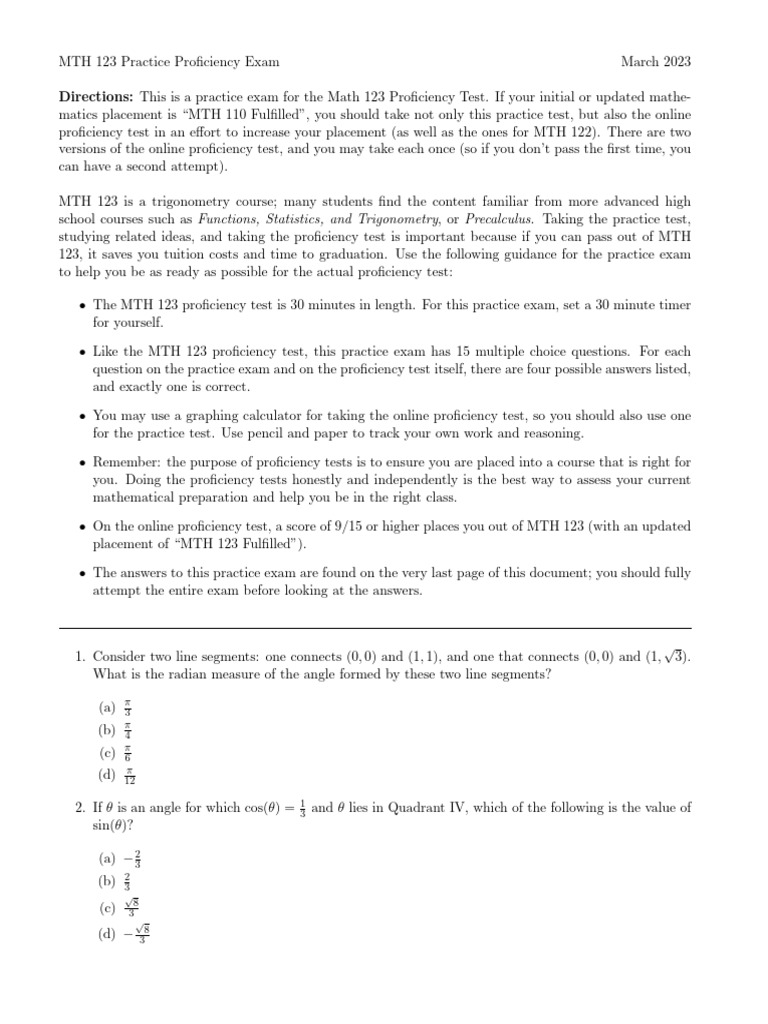 MTH 123 Practice Proficiency Test | PDF | Triangle | Triangle Geometry