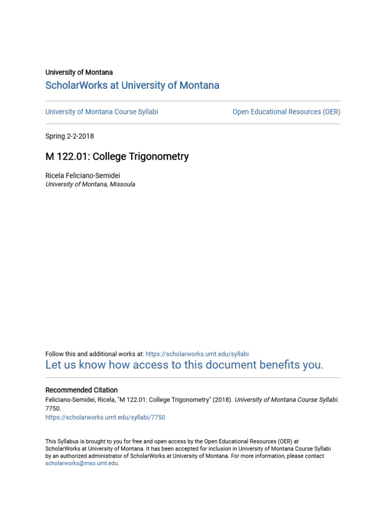 M 122.01 - College Trigonometry | PDF | Trigonometric Functions ...