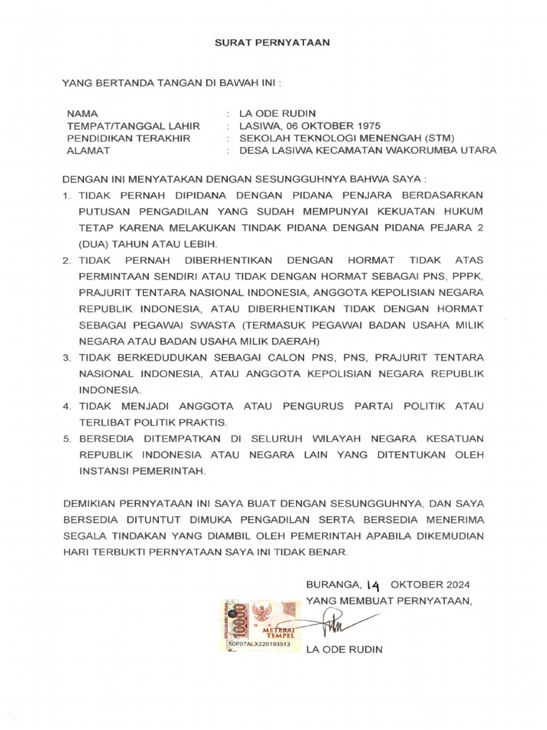 Surat Pernyataan La Ode Rudin | PDF