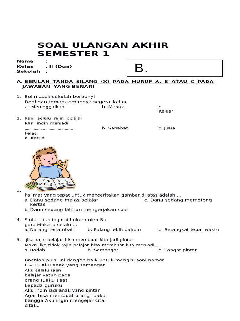 Soal UAS Bahasa Indonesia Kelas 2 SD Semester 1 Ganjil Dan Kunci Jawaban WWW Bimbelbrilian Com | PDF