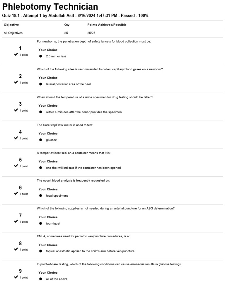 Phlebotomy Lesson 18 Quiz | PDF | Clinical Medicine | Medical Tests