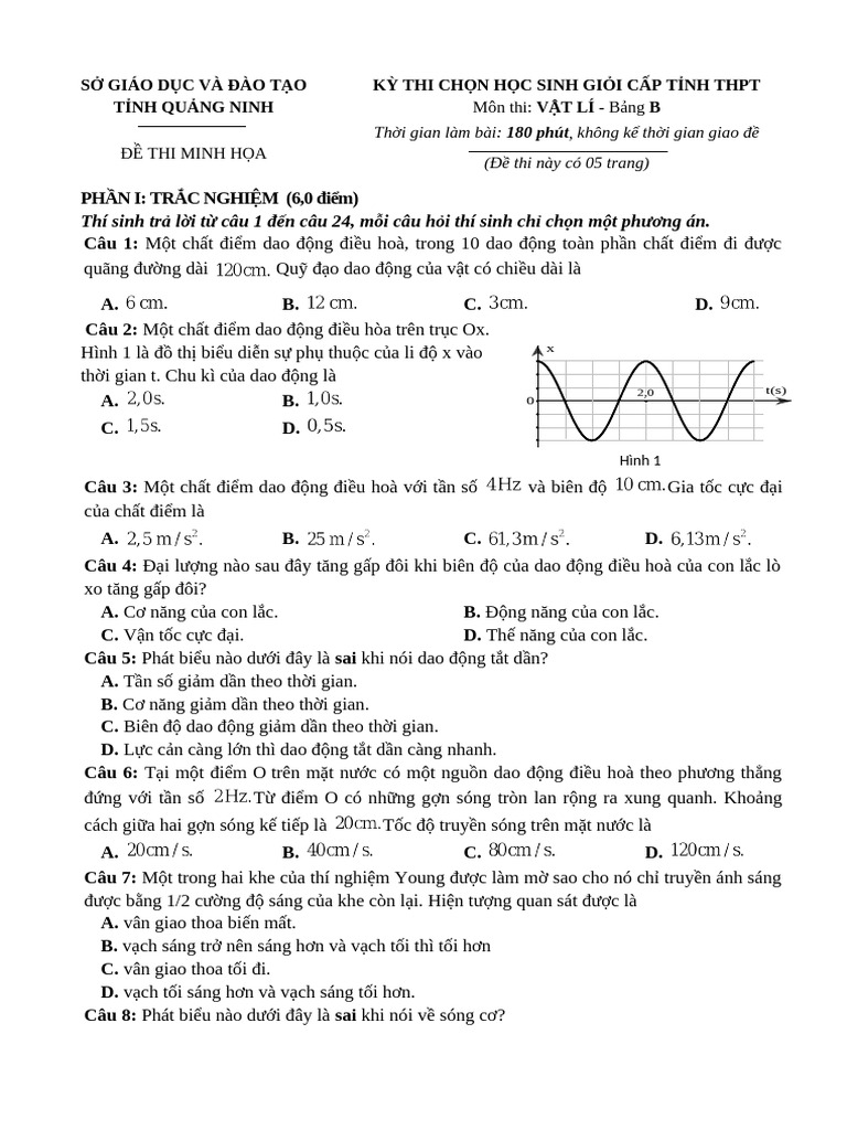 Môn Vật lí - Đề minh họa + HDC bảng B HSG THPT cấp tỉnh | PDF