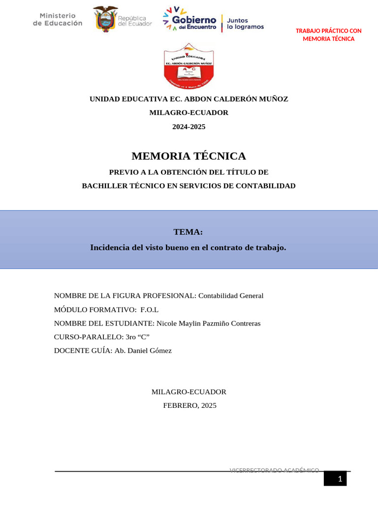 Formato Memoria Técnica Nicole P | PDF | Derecho laboral | Contabilidad