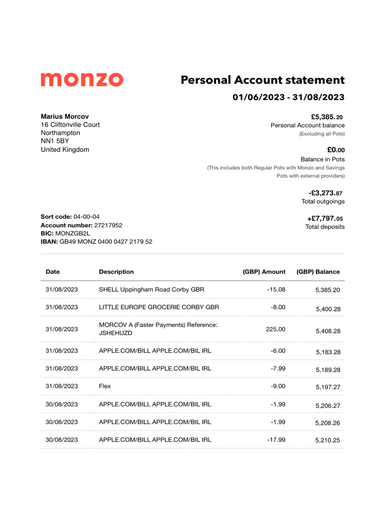 Monzo Bank Statement 2023 06 01 2023 08 31 40 1 | PDF | Banking ...