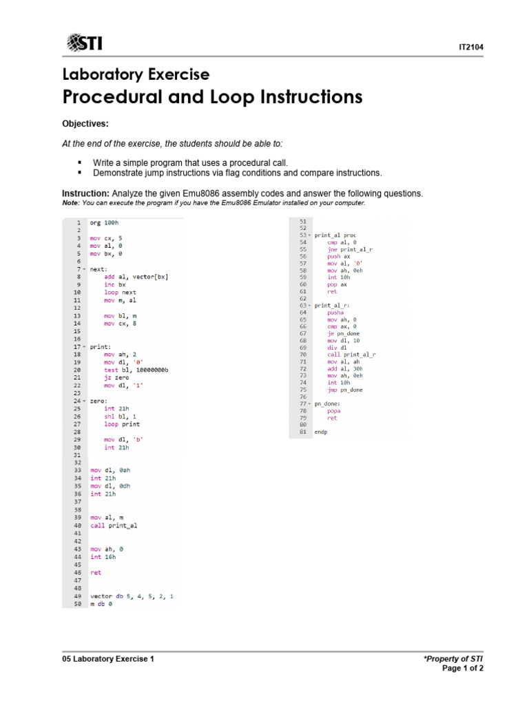 Emu8086 Assembly Lab: Procedures & Loops | PDF | Computer Programming ...