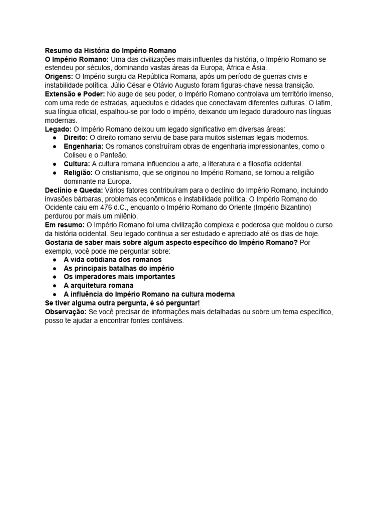 Crie o Resumo Da Historia Do Imperio Romano | PDF