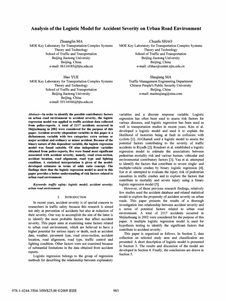 Analysis of The Logistic Model For Accident Severity On Urban Road Environment | PDF | Logistic ...