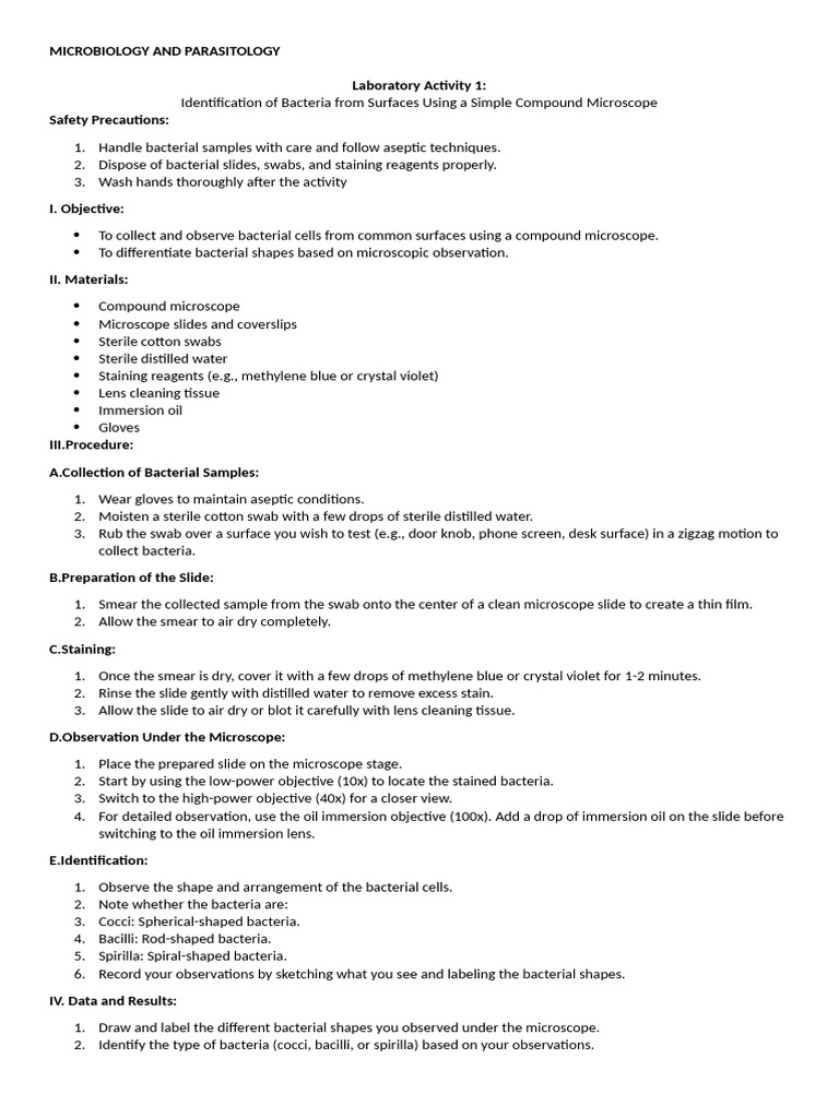 MICROPARA LAB ACTIVITY 1 Identification of Bacteria From Surfaces Using ...