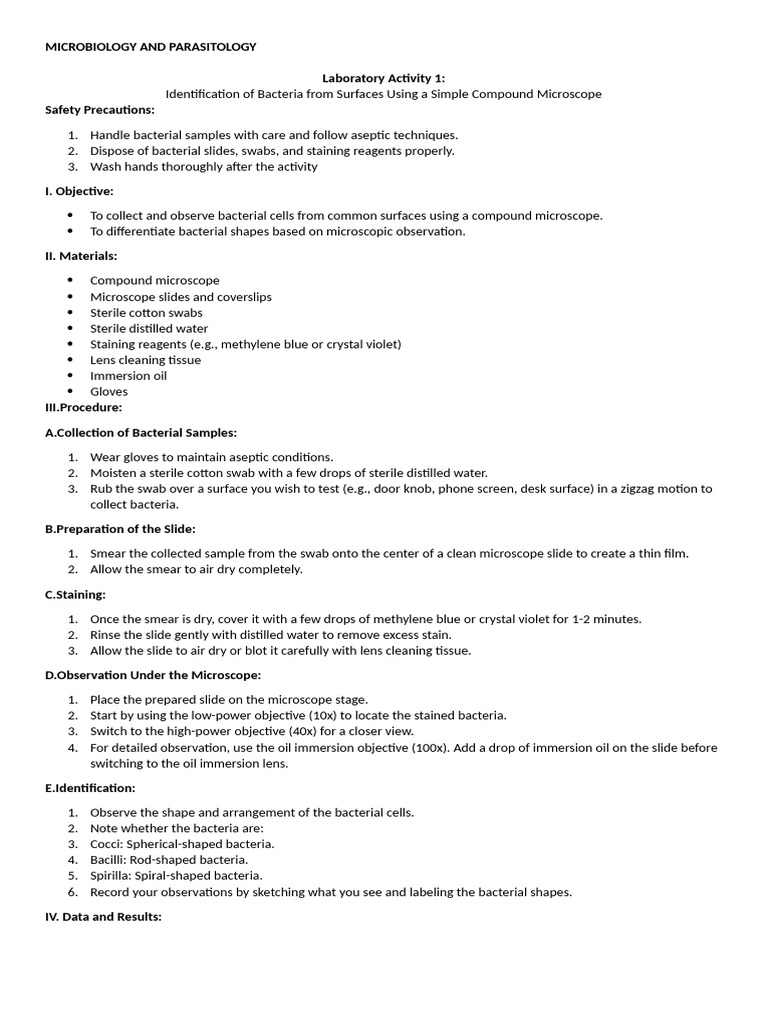 MICROPARA LAB ACTIVITY 1 Identification of Bacteria From Surfaces Using ...
