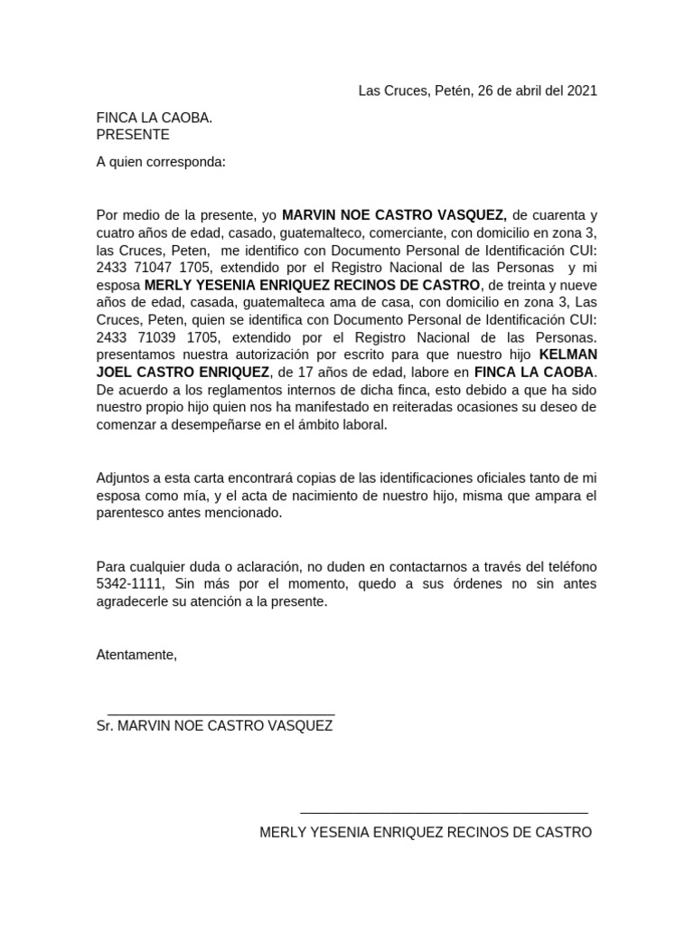 Carta Autorizando Laborar A Menores de Edad | PDF