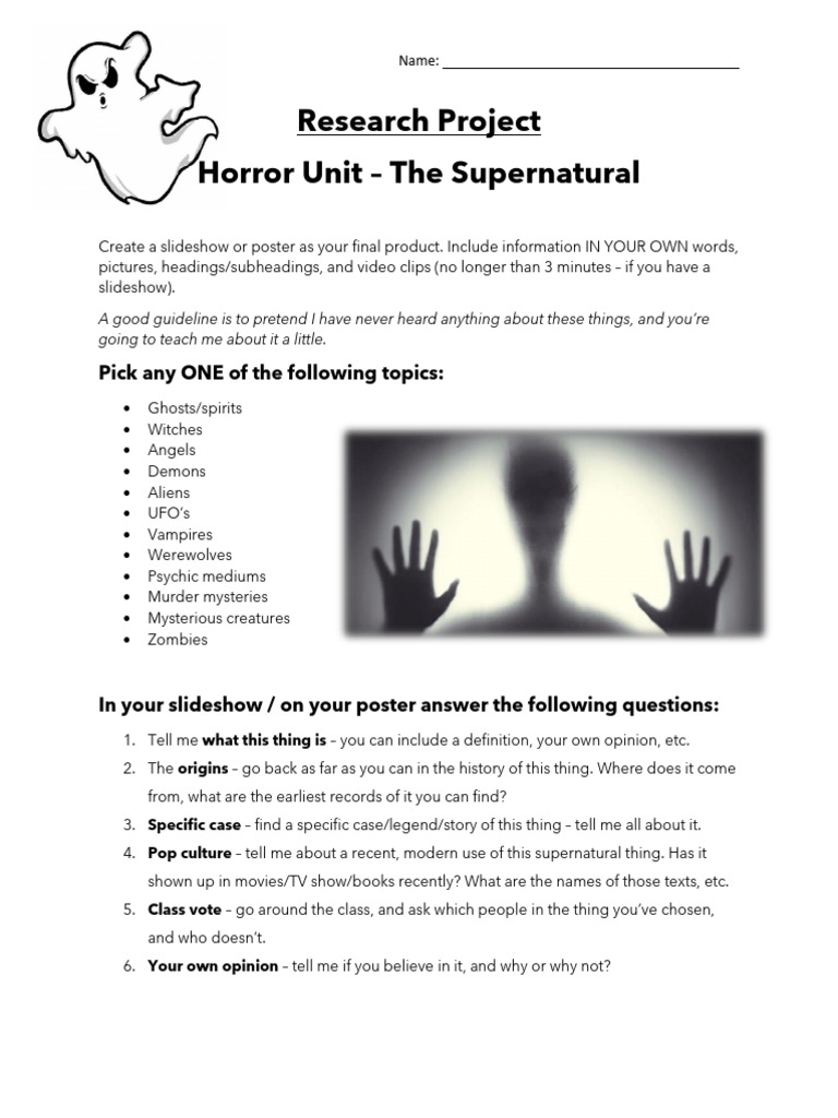 Research Project Horror Unit The Supernatural: Pick Any ONE of The ...