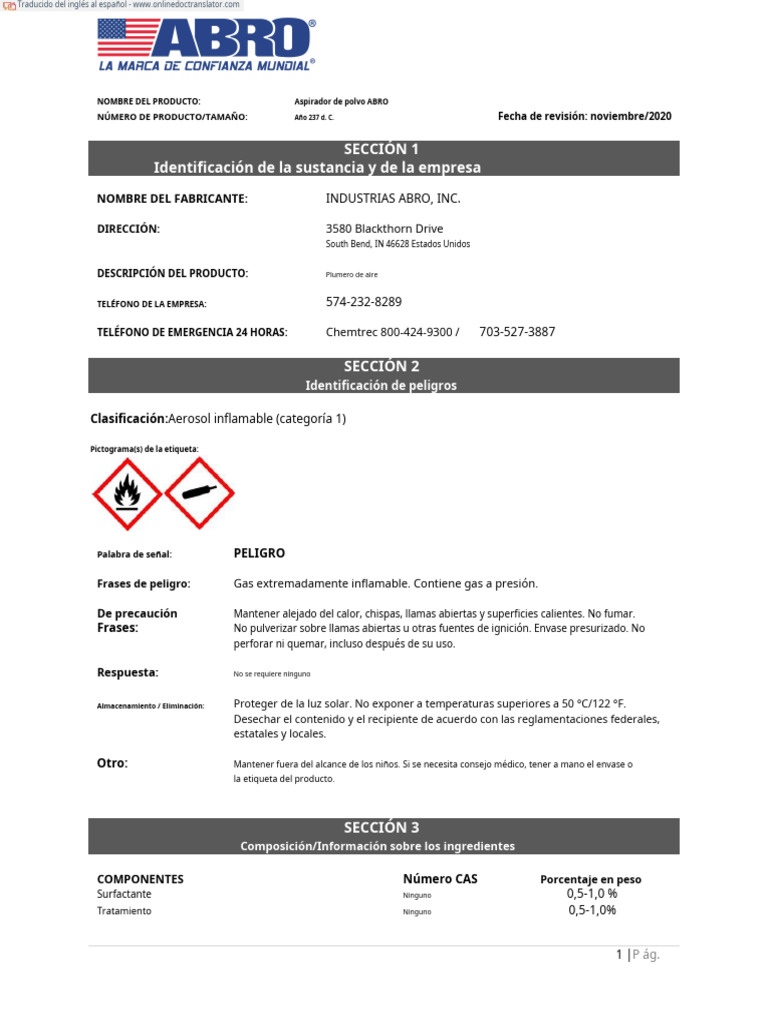 SDS - Aire Comprimido (Air Duster) AD-237-InGLES - En.es | PDF ...