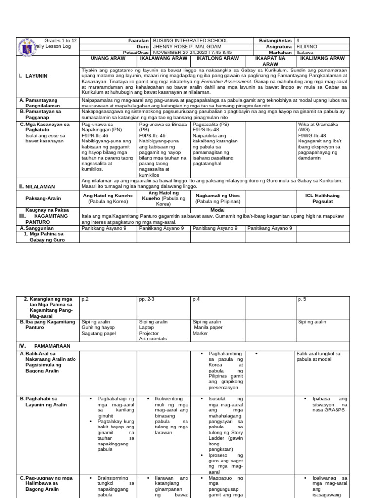 DLL - FILIPINO 9 2ngd Grading (Topic 2) - Done | PDF