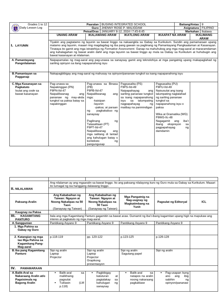 DLL - FILIPINO 9 2ngd Grading (Topic 3) - DONE | PDF