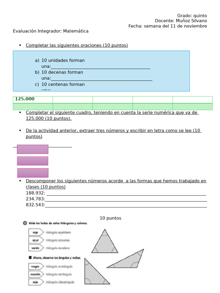 Evaluación Matemática Quinto Grado | PDF | Unidades de medida