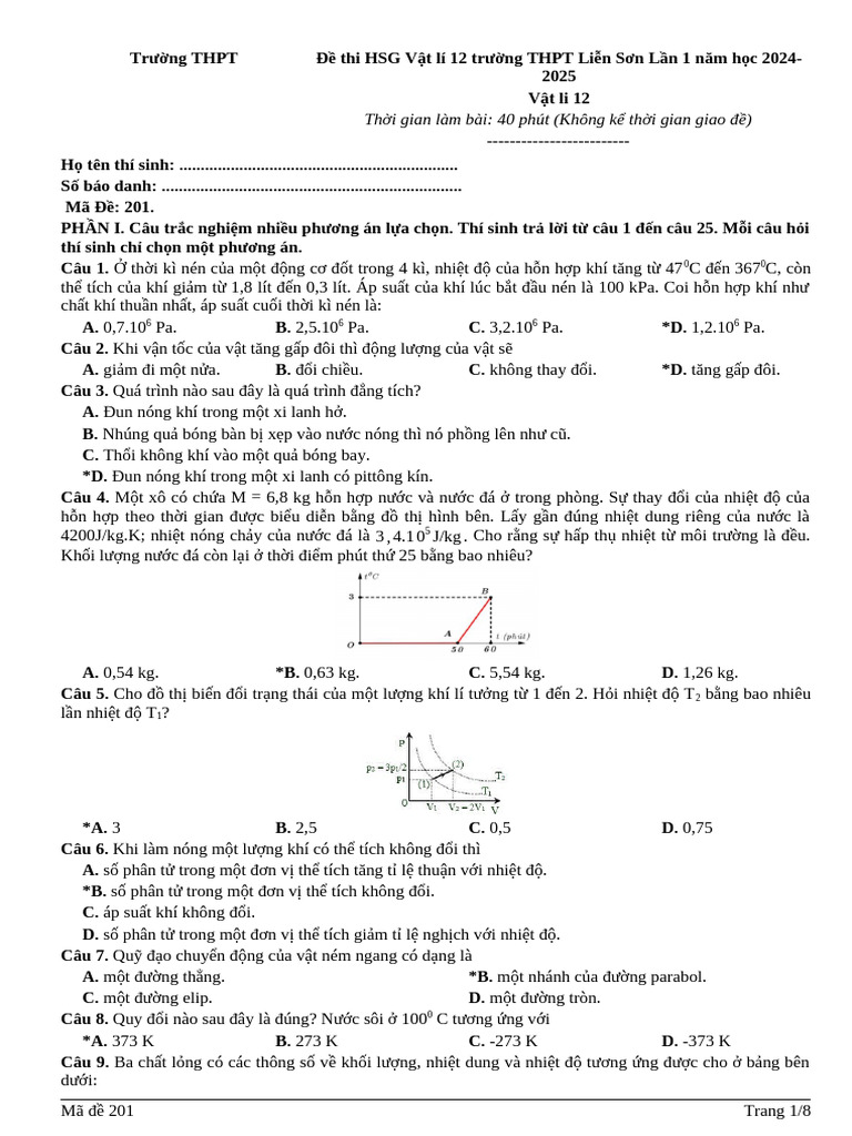 201 ssck3x de Thi HSG Vat Li 12 Truong 2024-2025 12 10 2024 | PDF