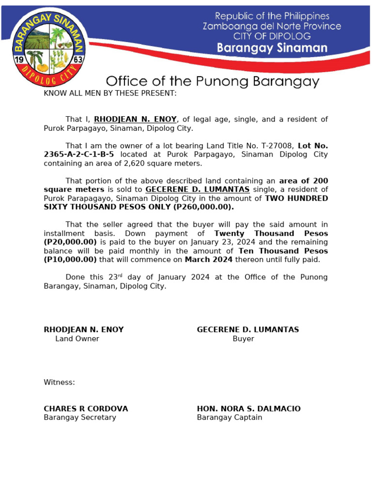 Aggreement Enoy Lumantas | PDF