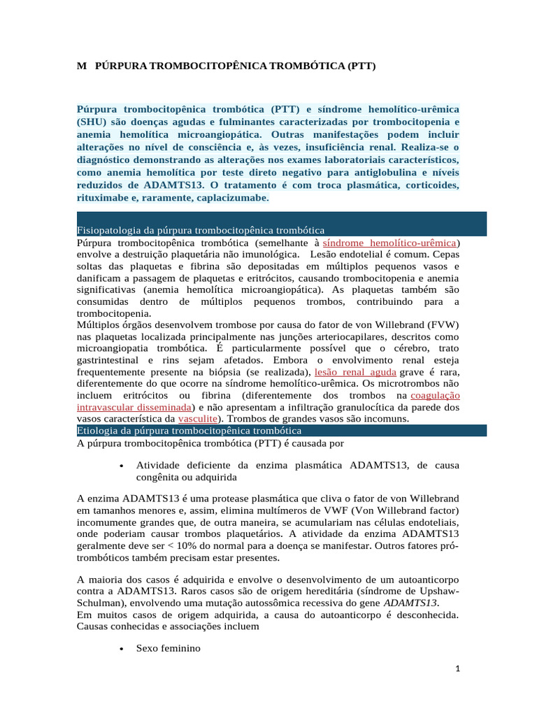 Púrpura Trombocitopênica Trombótica: Causas e Tratamento | PDF ...