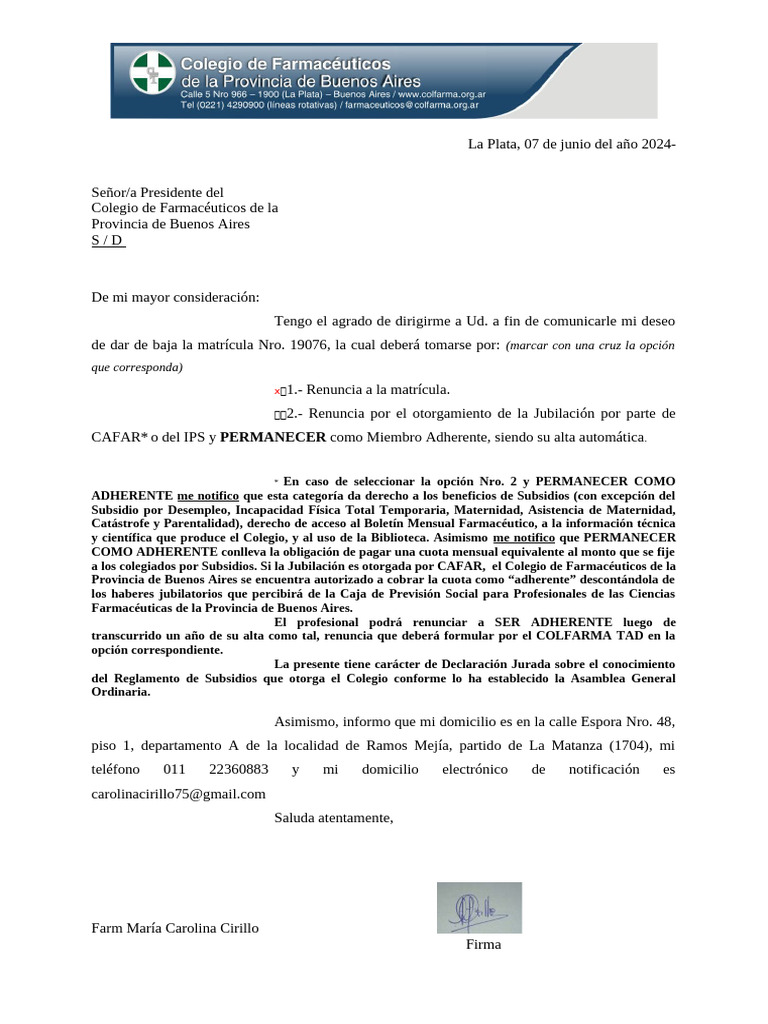 Formulario de Baja en La Matricula Profesional CFPBA. | PDF | Jubilación | Gobierno