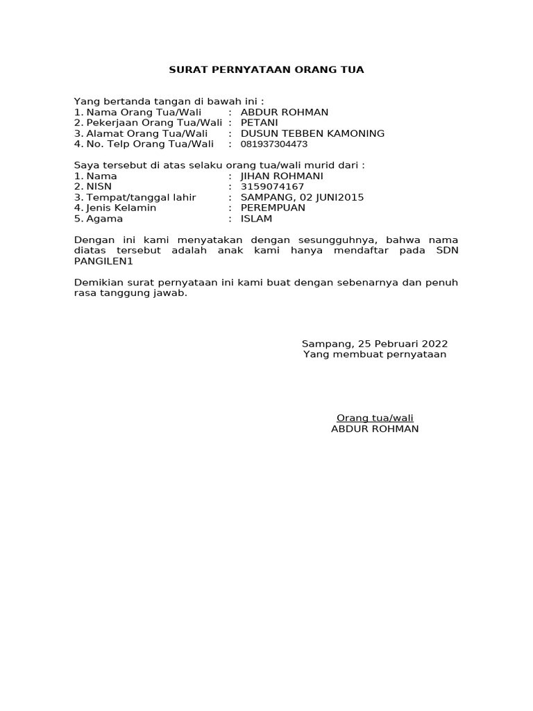 Format Surat Pernyataan ORTU | PDF