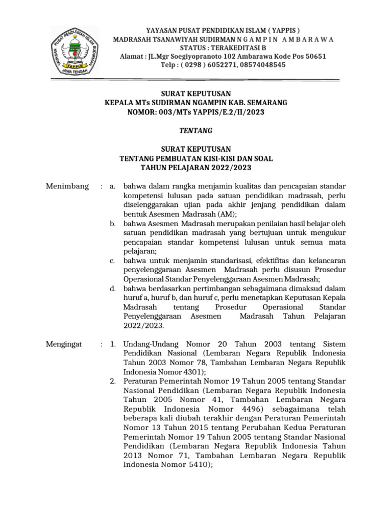 SK Pembuatan Soal Dan Kisi-Kisi | PDF