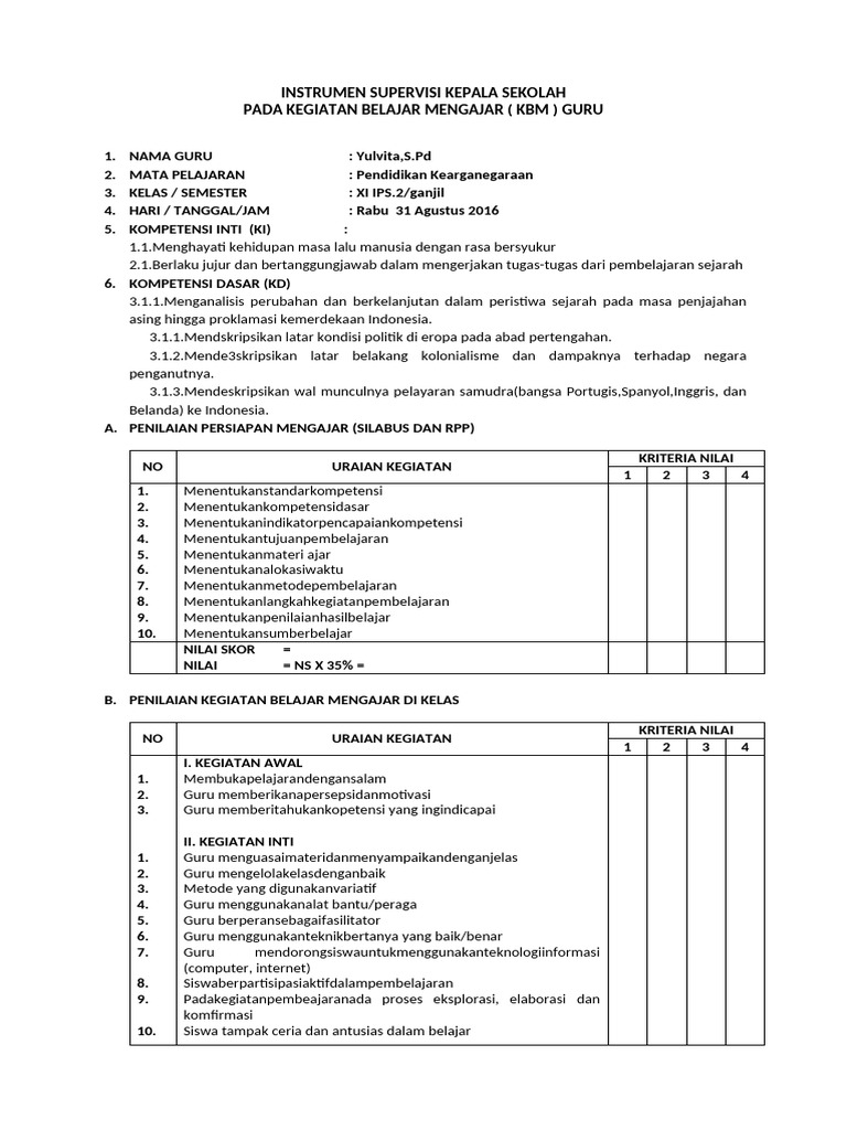 Instrumen Supervisi Kepala Sekolah | PDF