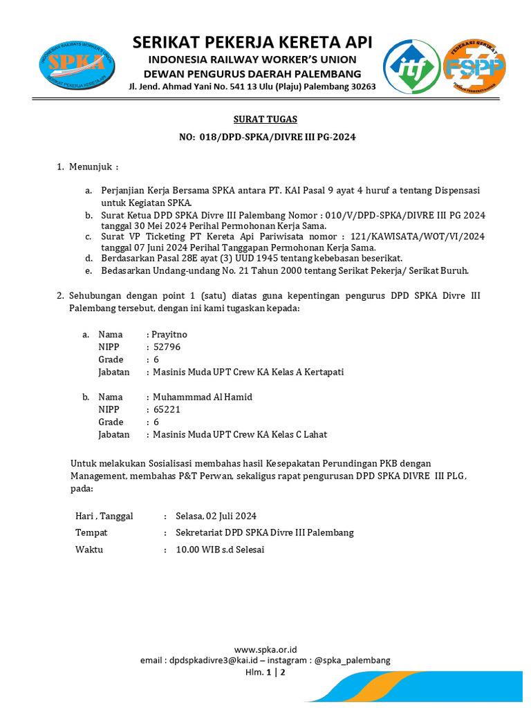Surat Tugas SPKA 018 | PDF