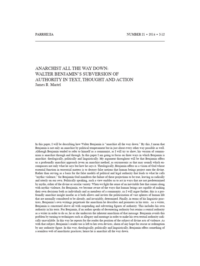 Walter Benjamin y El Anarquismo en Su Pensamiento y Acción. James Martel | PDF | Anarchism | Truth