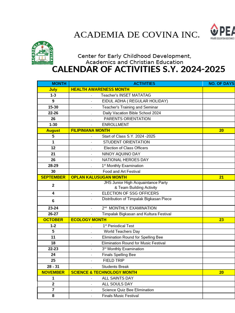 School Activities Calendar 2024-2025 | PDF | Holidays | Observances