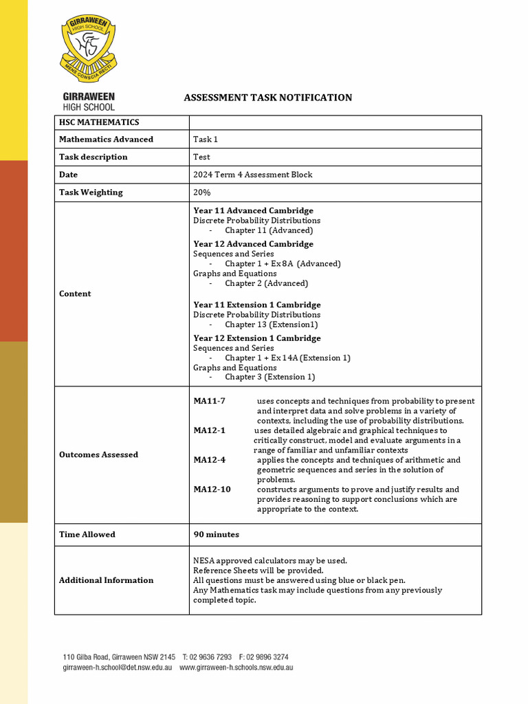 2024 HSC MATAdv Task 1 Assessment Notification | PDF | Mathematics ...