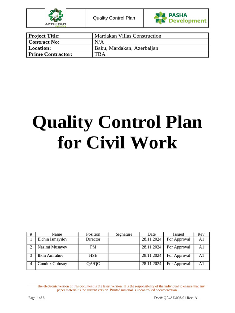 Contractor Quality Control Plan For Civil Work | PDF | Concrete | Road ...