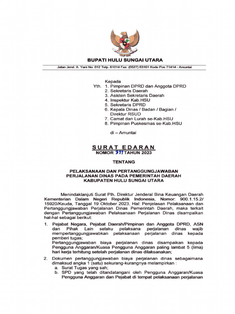 Surat Edaran Perjalanan Dinas | PDF