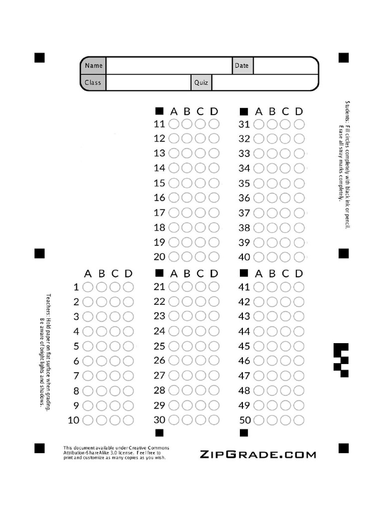 Zip Grade 50 Question V2 | PDF