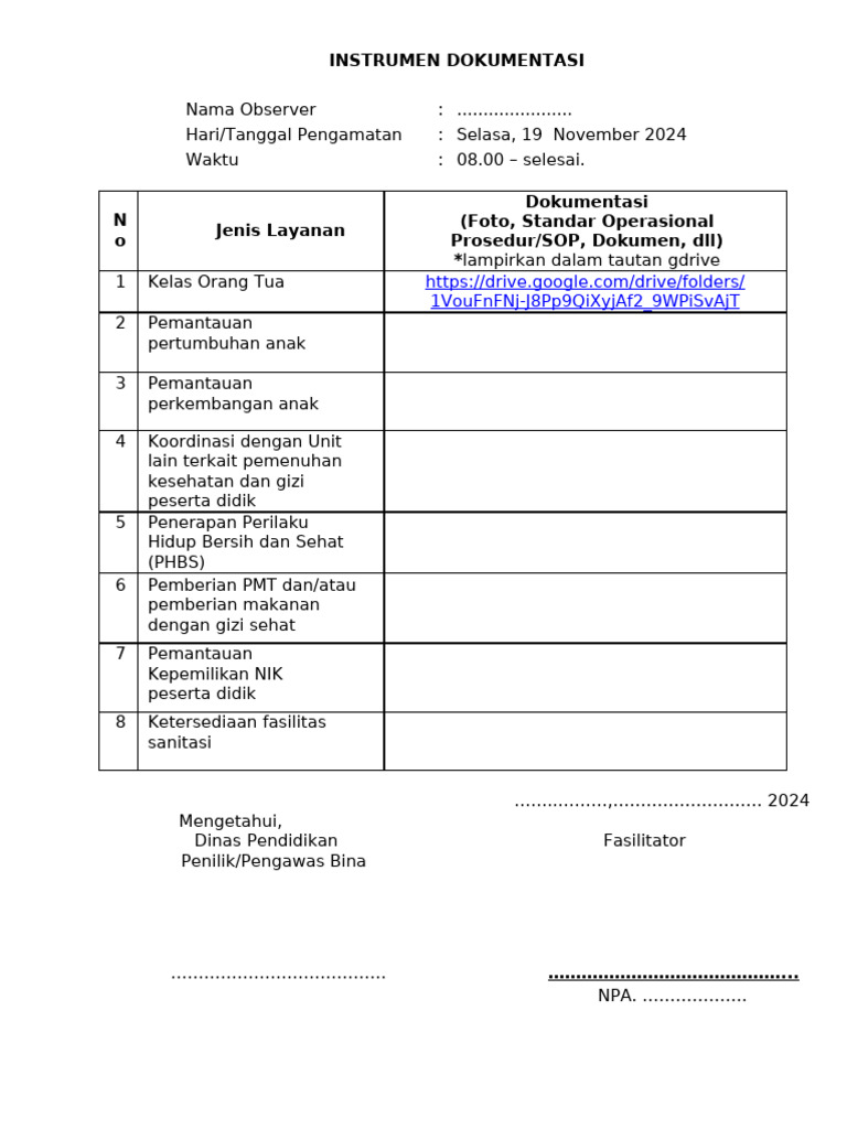 Instrumen Dokumentasi Kegiatan Paud Hi | PDF