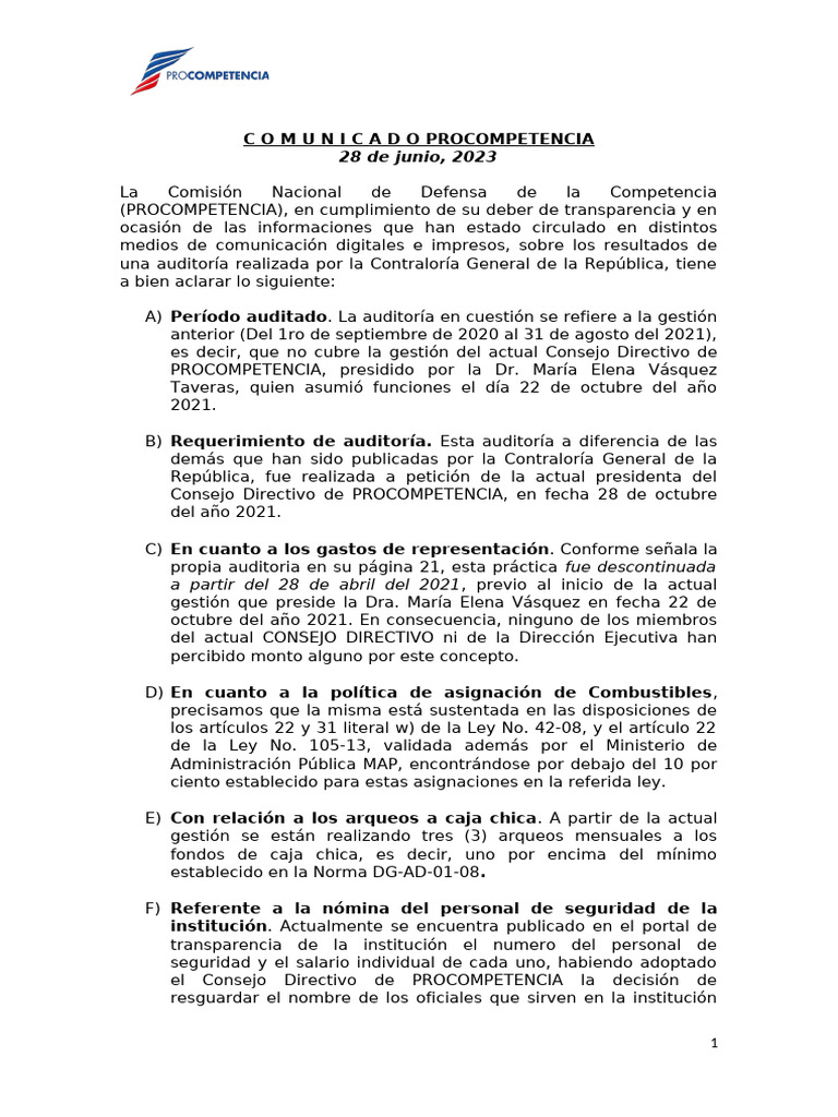 Comunicado Auditoria Procompetencia | PDF | Auditoría | Gobernancia