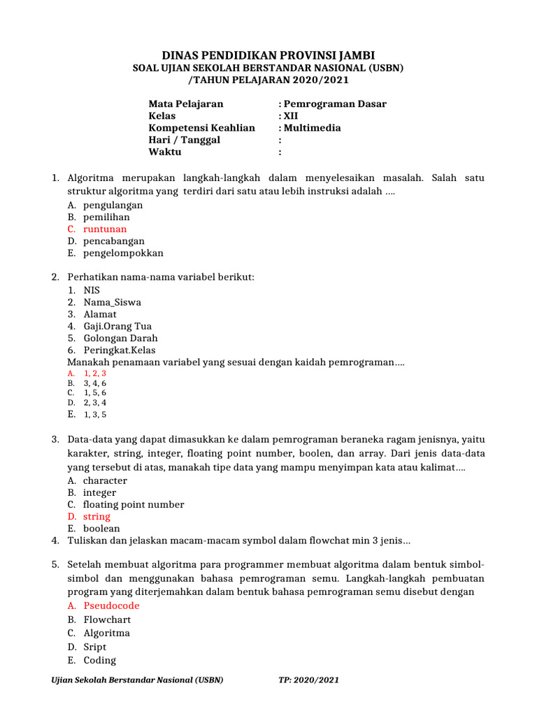 Soal USBN Pemrograman Dasar 2021 | PDF