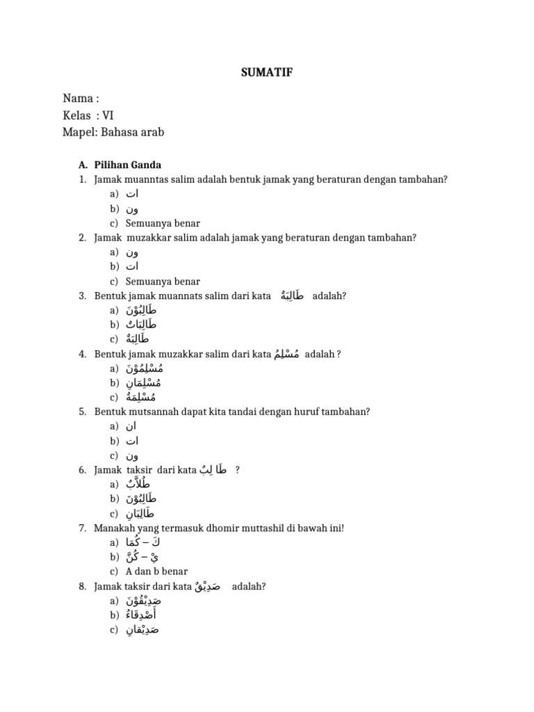 Soal BHS ARABpas Kls 6 2023 | PDF