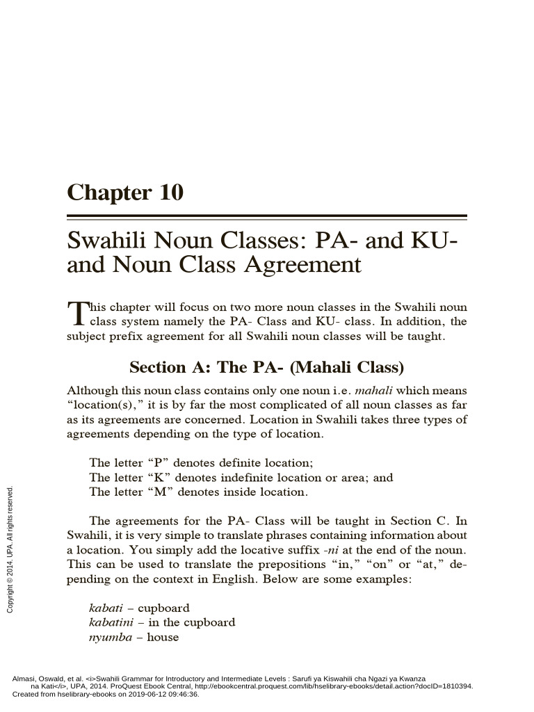 Swahili Noun Classes - PA - and KU - and Noun Class Agreement | PDF ...