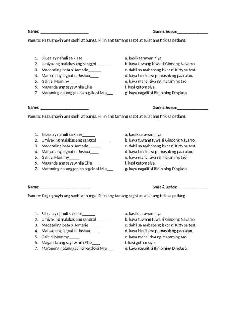 Sanhi at Bunga Answer Sheet | PDF