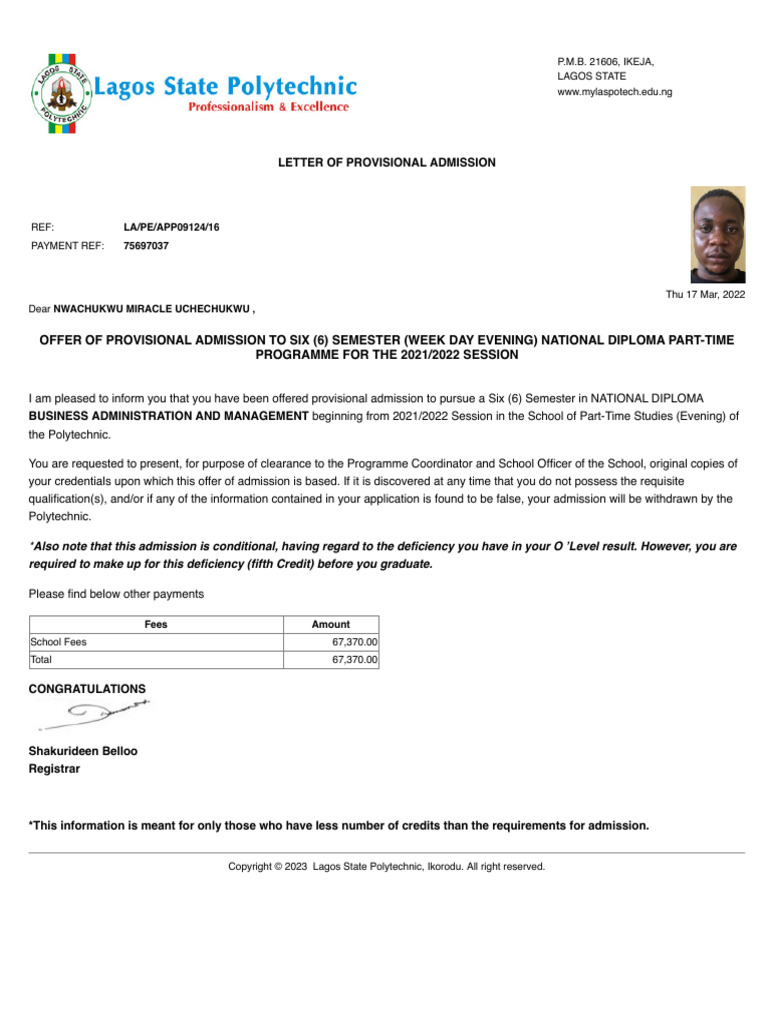Provisional Admission Letter | PDF