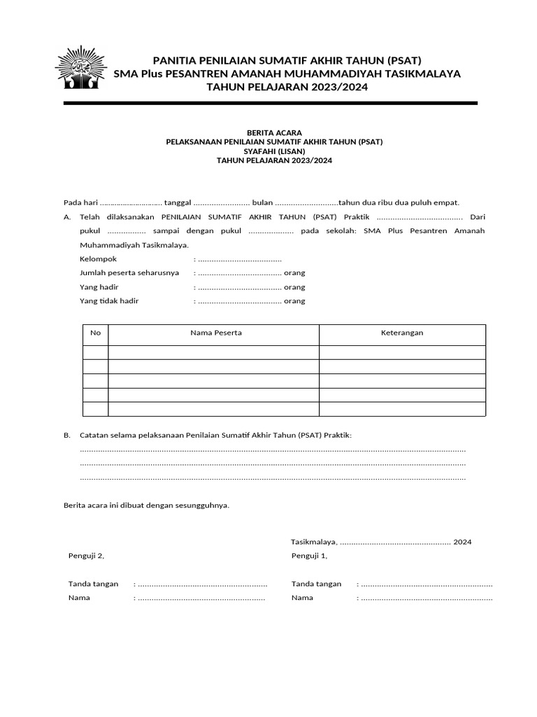 Berita Acara Ujian Praktik Psat 23-24 | PDF