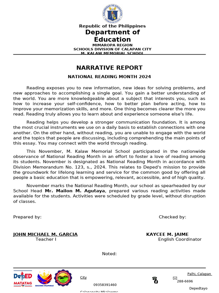 Reading Month Narrative Report | PDF | Teachers | Human Communication