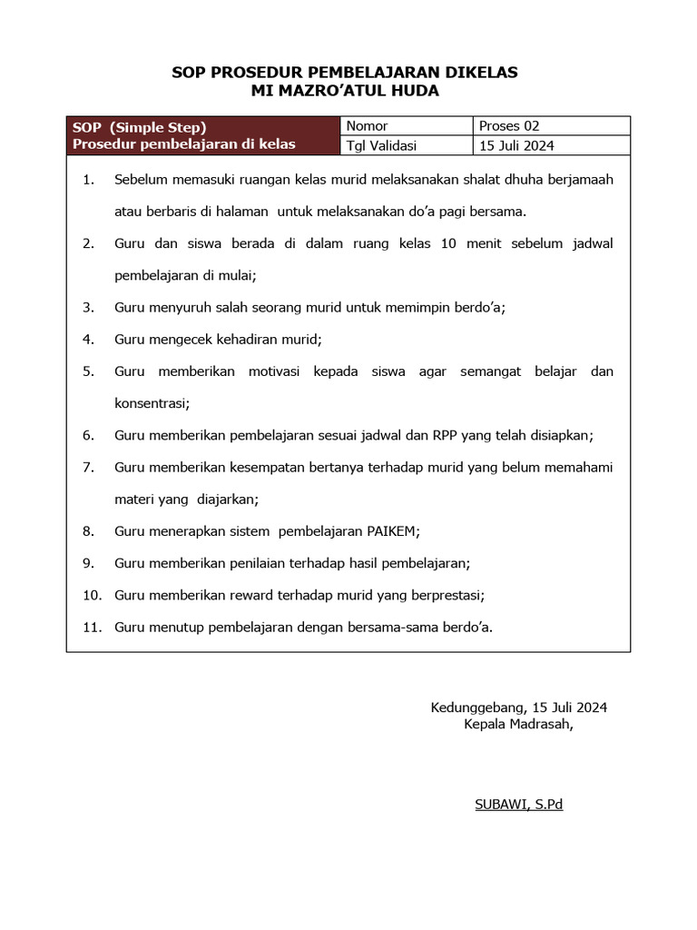 Sop Prosedur Pembelajaran Dikelas | PDF