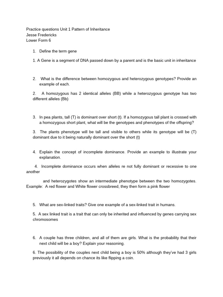 Inheritance Patterns Practice Questions | PDF | Dominance (Genetics ...