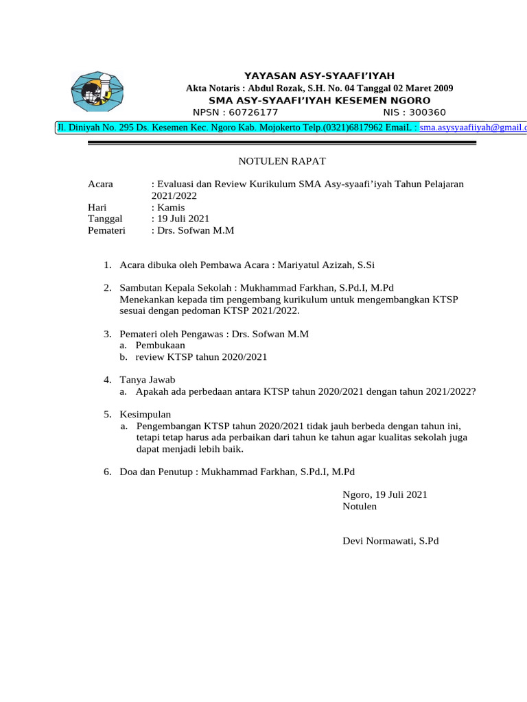 Evaluasi Kurikulum SMA Asy-Syaaifi'yah 2021 | PDF